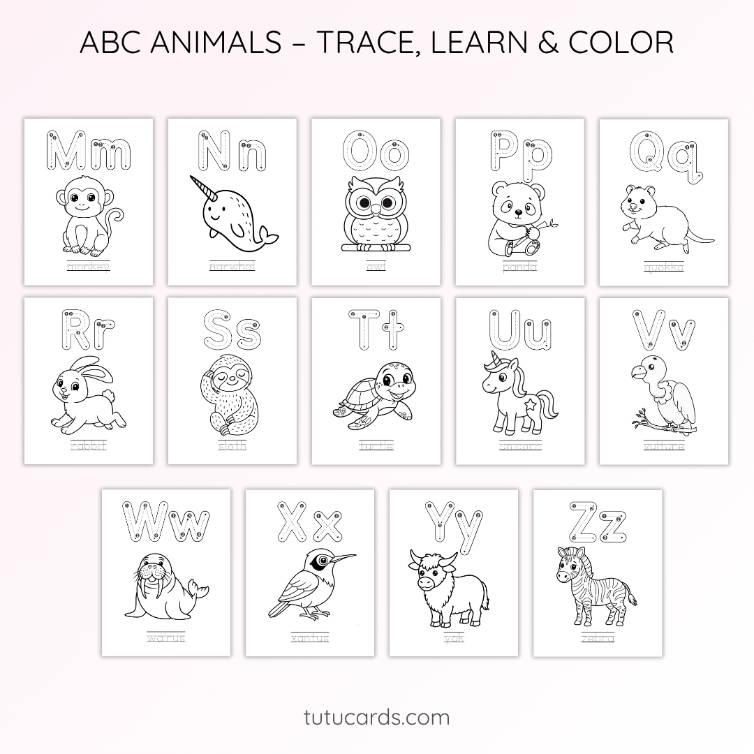 Animals Alphabet Tracing & Coloring Pages | A–Z Printable Worksheets ...