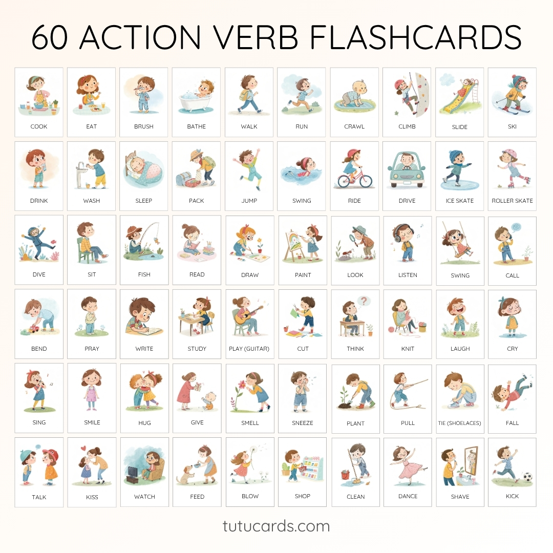 60 Cute Colorful Action Verb Flashcards | Printable Cards | 3.5x5 inch ...