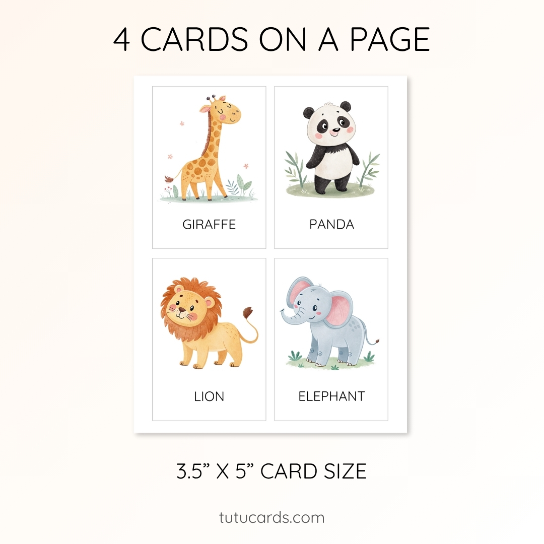 40 Cute Colorful Wild Animal Flashcards | Printable Cards | 3.5x5 inch ...