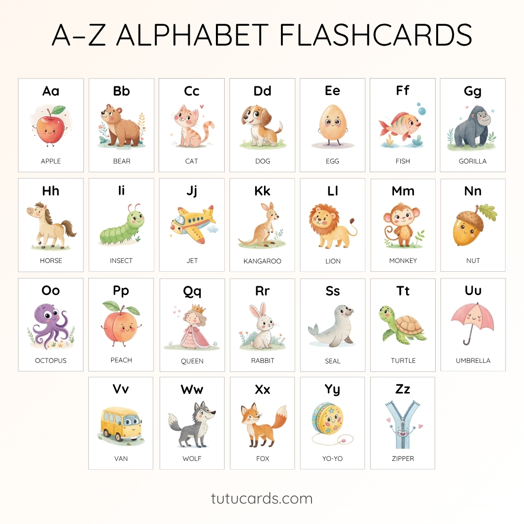 A–Z Alphabet Flashcards (Uppercase + Lowercase + Words) | Cute Colorful ...