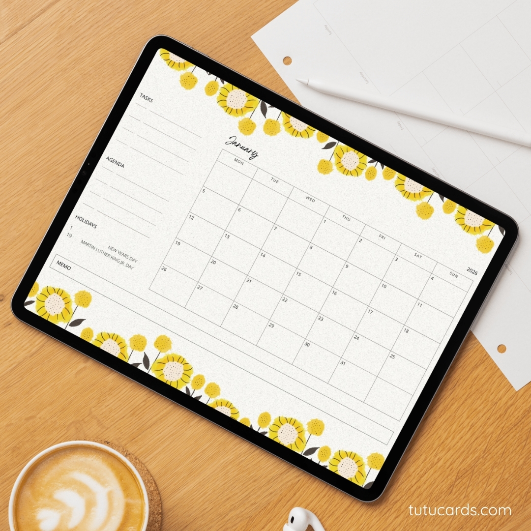 2026 Calendar Printable Download | Yellow and Brown Vintage Sunflower ...