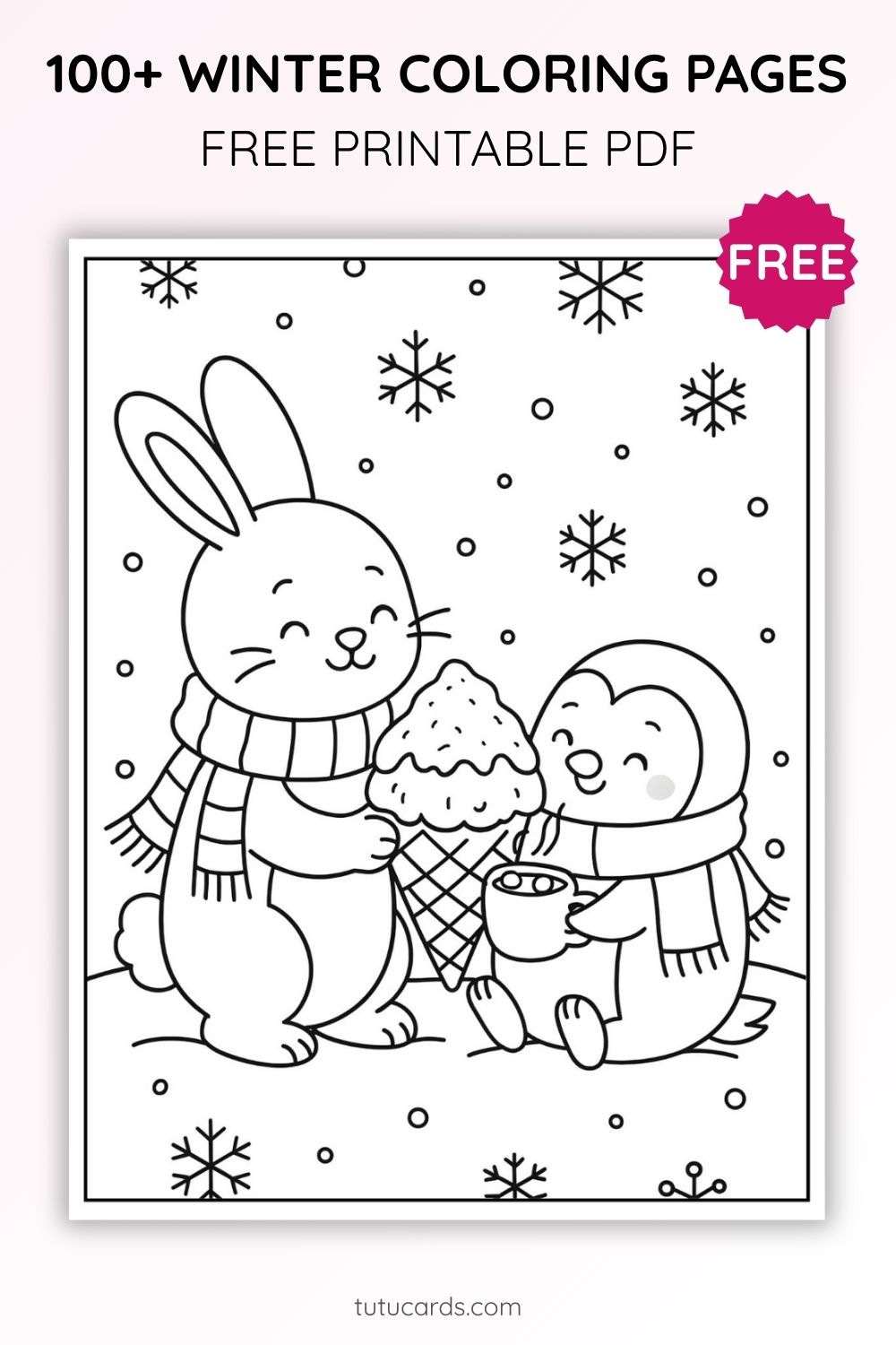 Winter Coloring Pages for Kids – Bunny and Penguin Eating Ice Cream ...