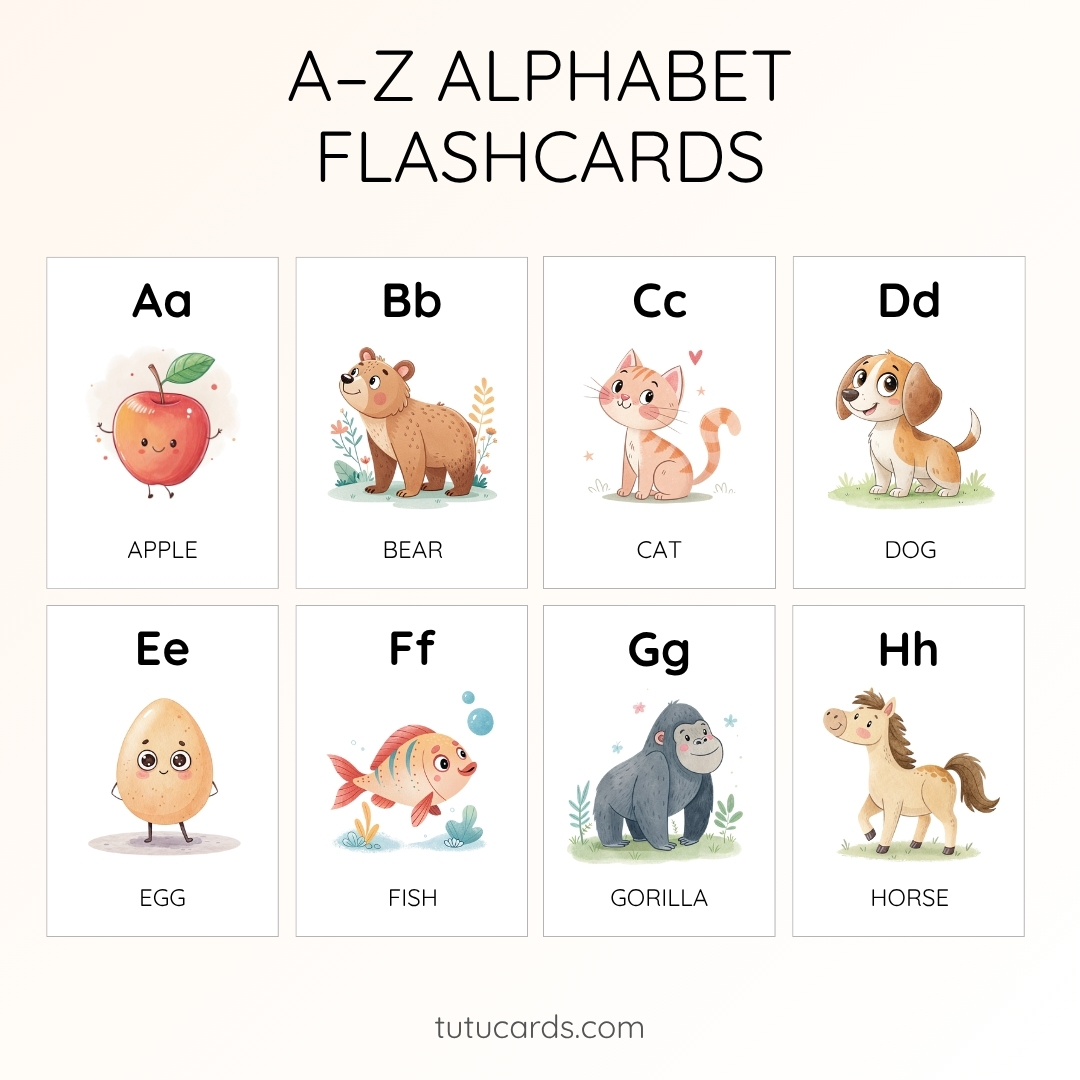 A–Z Alphabet Flashcards (Uppercase + Lowercase + Words) | Cute Colorful ...