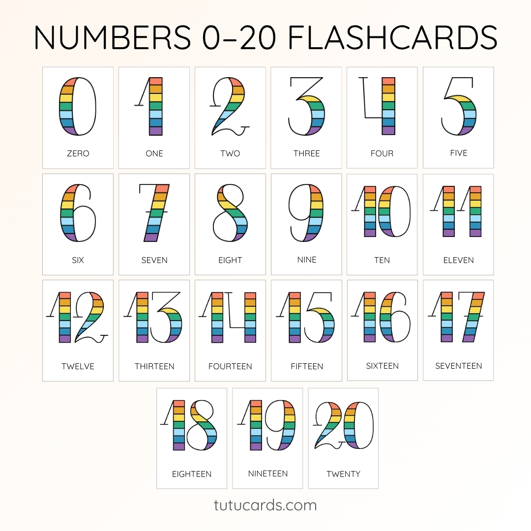 Numbers 0–20 Flashcards (English Only) | Cute Colorful Printable Cards ...