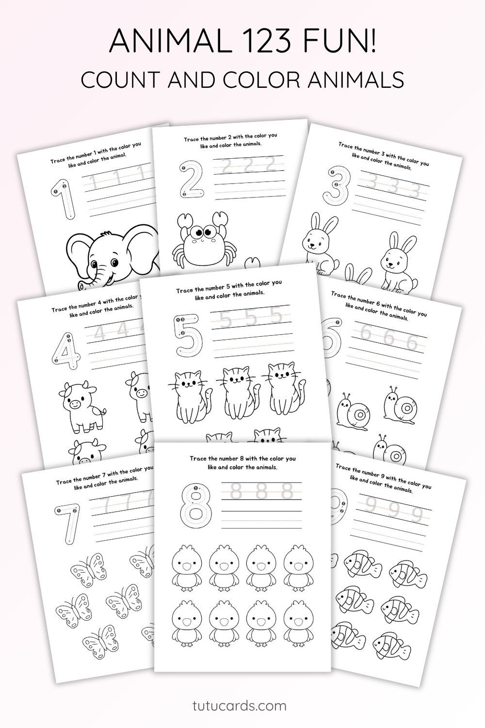 Cute Animal Number Coloring Pages 1-9| Kids Learning PDF Printables ...