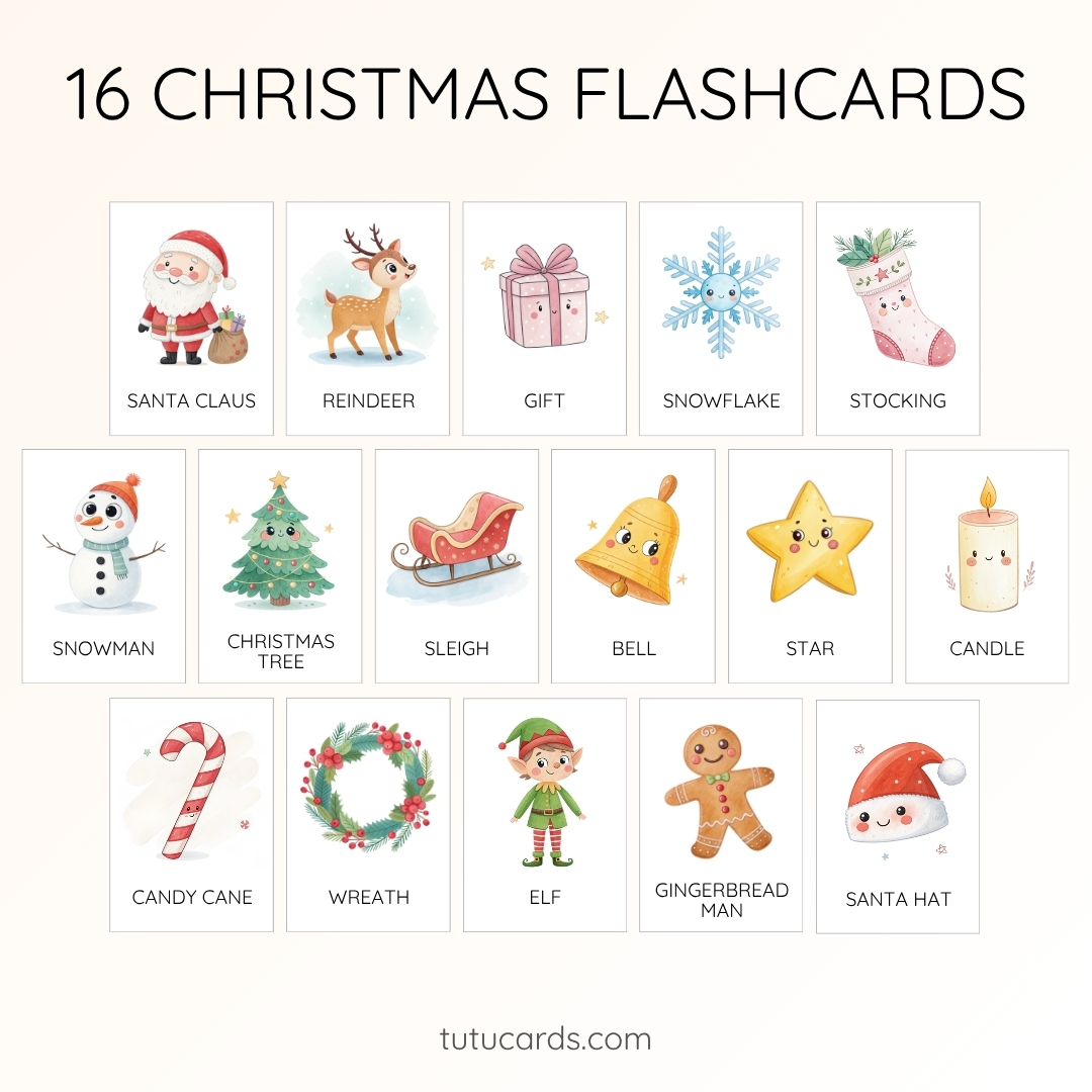 16 Cute Colorful Christmas Flashcards | Printable Holiday Cards | 3.5x5 ...