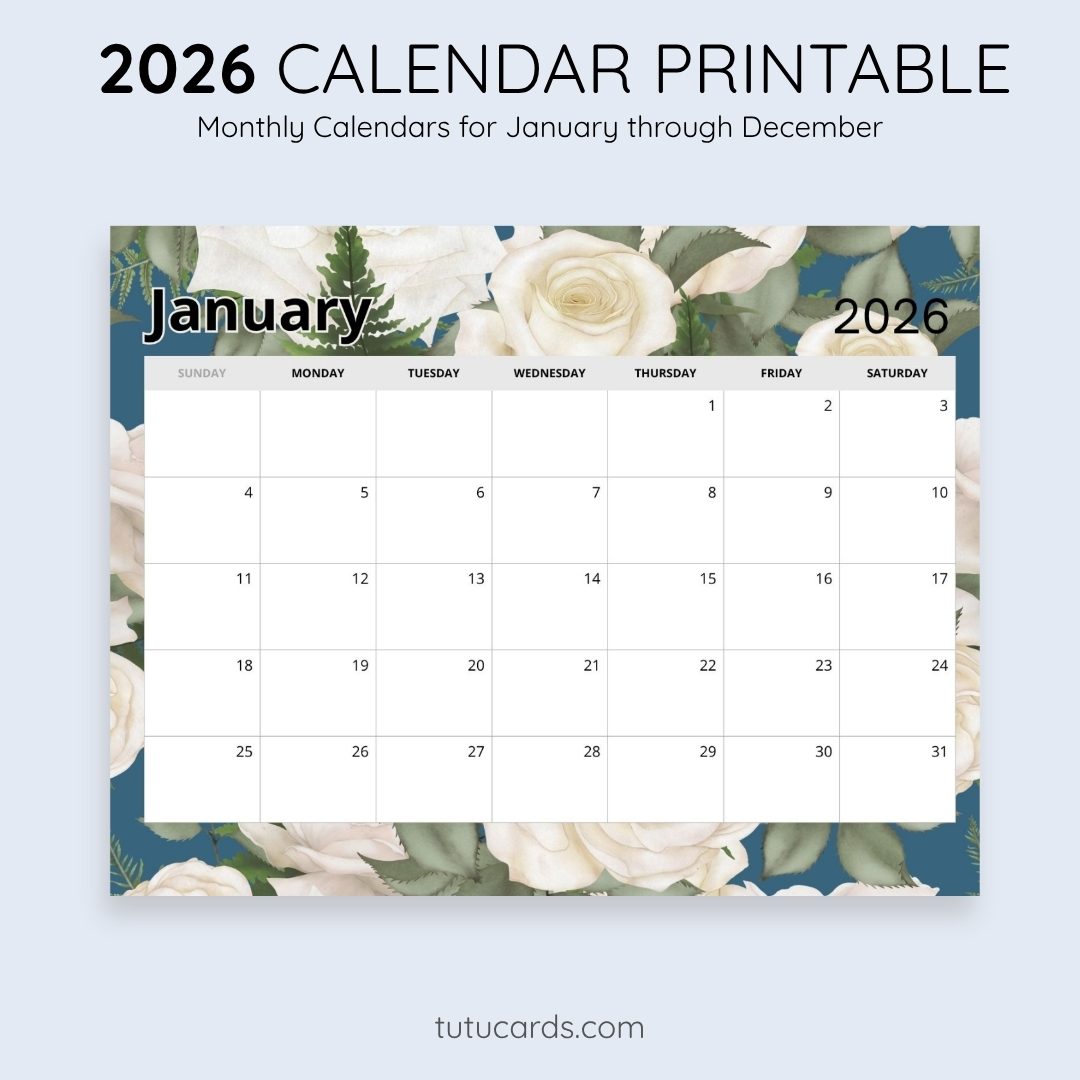 2026 Calendar Printable Download | White Vintage Rose Calendar ...
