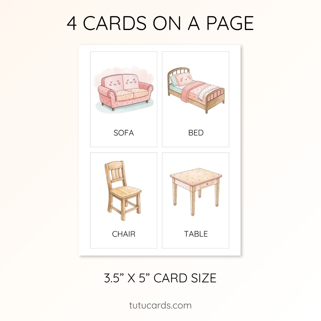 20 Cute Colorful Furniture Flashcards | Printable Cards | 3.5x5 inch ...