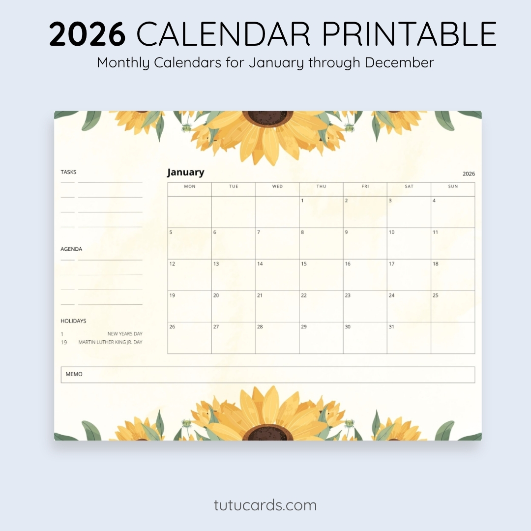 2026 Calendar Printable Download | Sunflower Monthly Calendar | Yellow ...