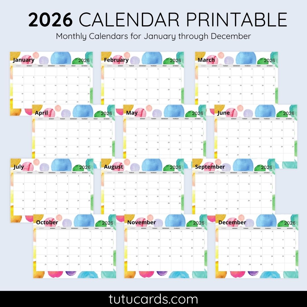 2026 Calendar Printable Download | Colorful Watercolor Polka Dots ...