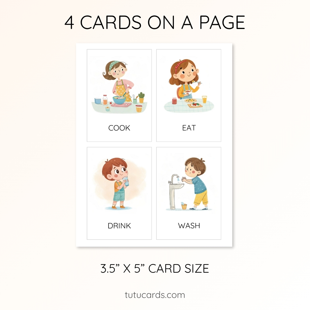 60 Cute Colorful Action Verb Flashcards | Printable Cards | 3.5x5 inch ...