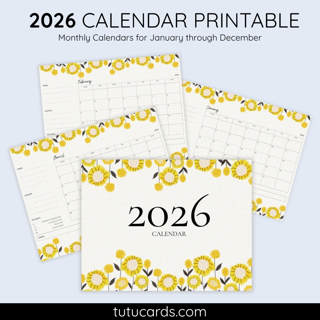 2026 Calendar Printable Download | Yellow and Brown Vintage Sunflower ...