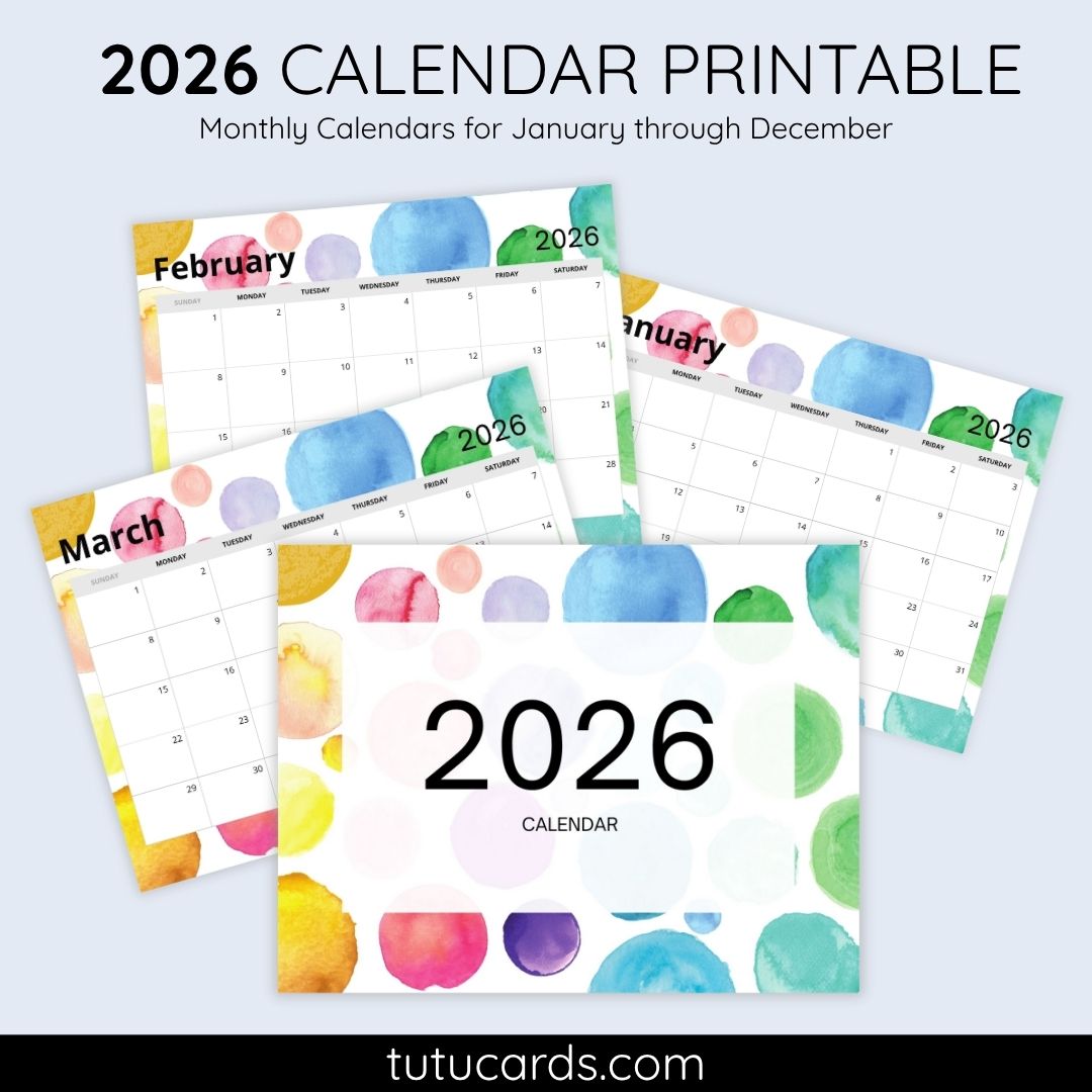 2026 Calendar Printable Download | Colorful Watercolor Polka Dots ...