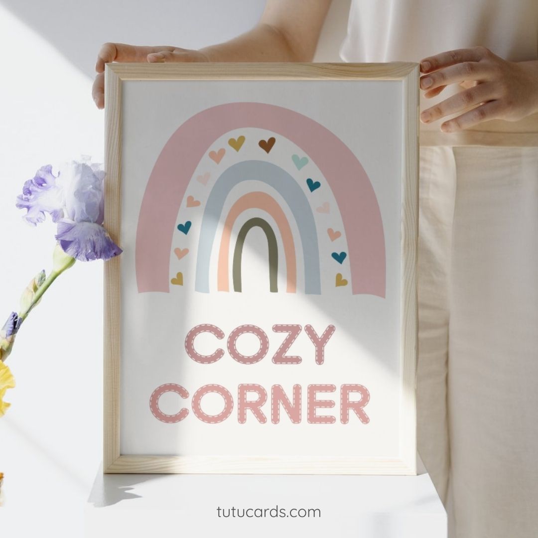 Cozy Corner Rainbow Poster — Soft Colorful Calm Wall Art for Kids ...