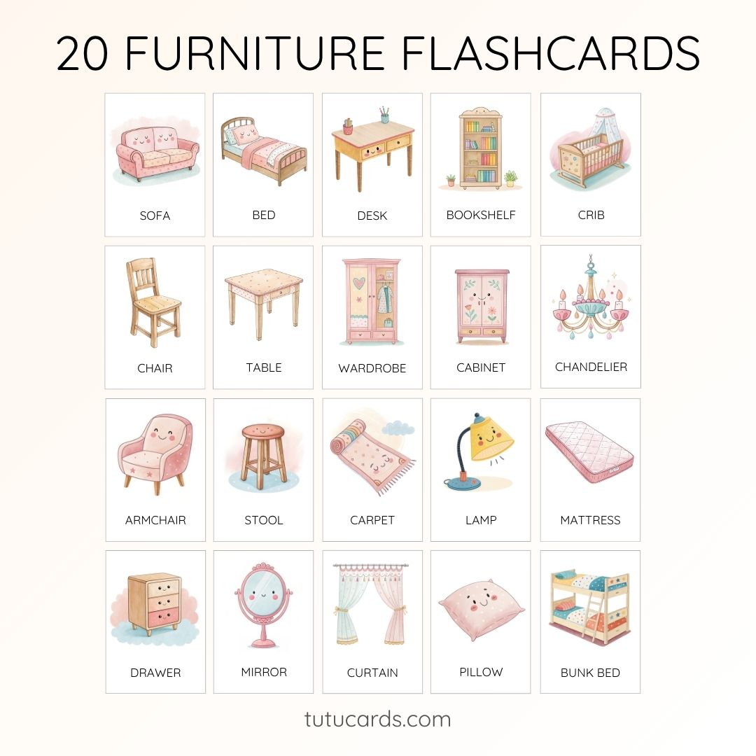 20 Cute Colorful Furniture Flashcards | Printable Cards | 3.5x5 inch ...