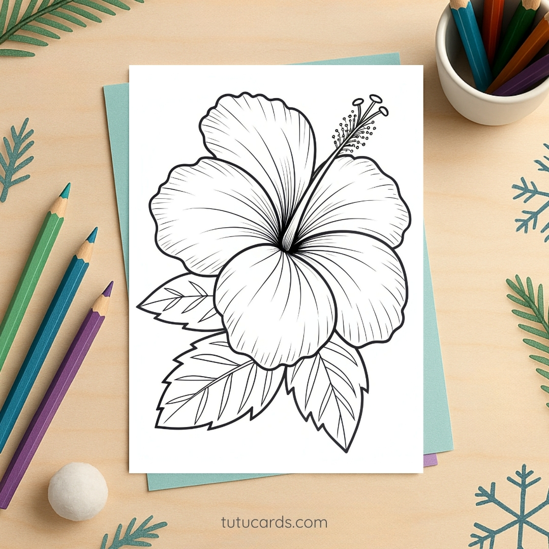 Tropical Hibiscus Coloring Page for Kids | Printable Flower Art PDF ...