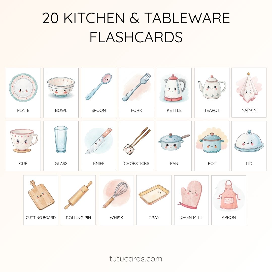 20 Cute Colorful Kitchen & Tableware Flashcards | Printable Cards | 3 ...