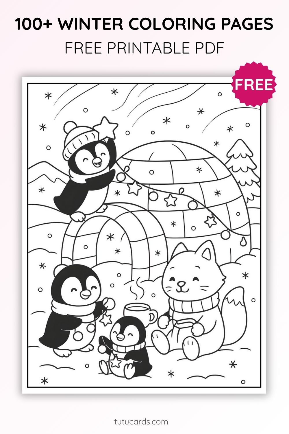 Winter Coloring Pages for Kids – Penguin and Cat Playing Outside the ...