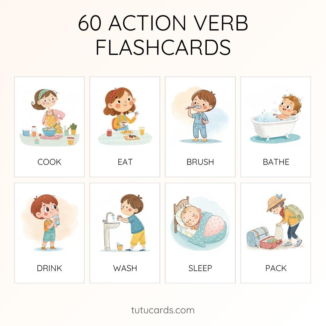 60 Cute Colorful Action Verb Flashcards | Printable Cards | 3.5x5 inch ...