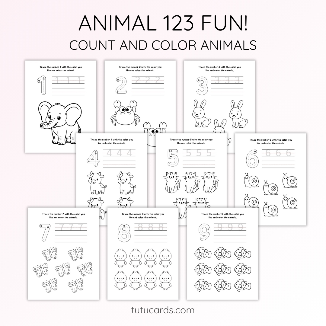Cute Animal Number Coloring Pages 1-9| Kids Learning PDF Printables ...