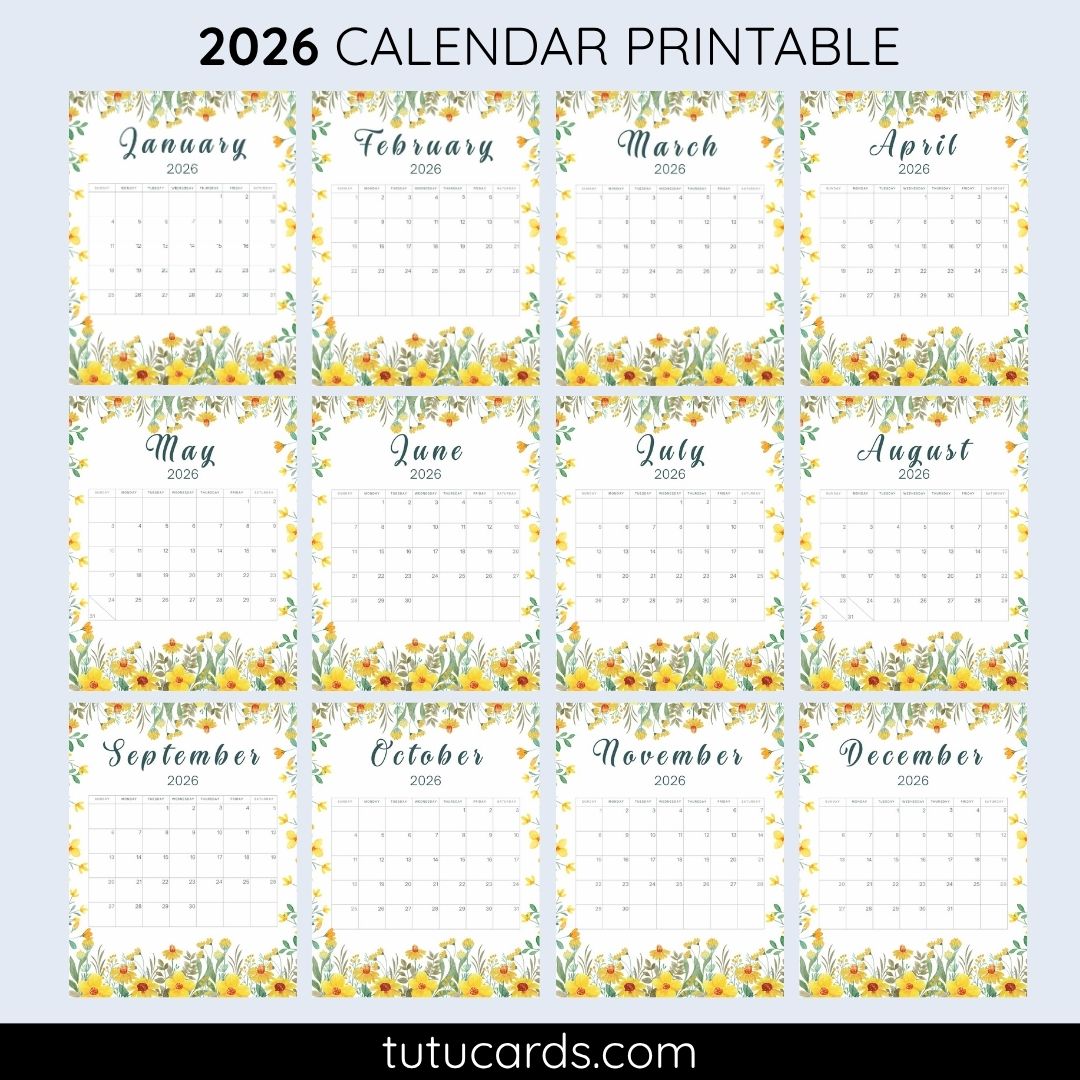 2026 Calendar Printable Download | Yellow Wildflower & Daisy Watercolor ...