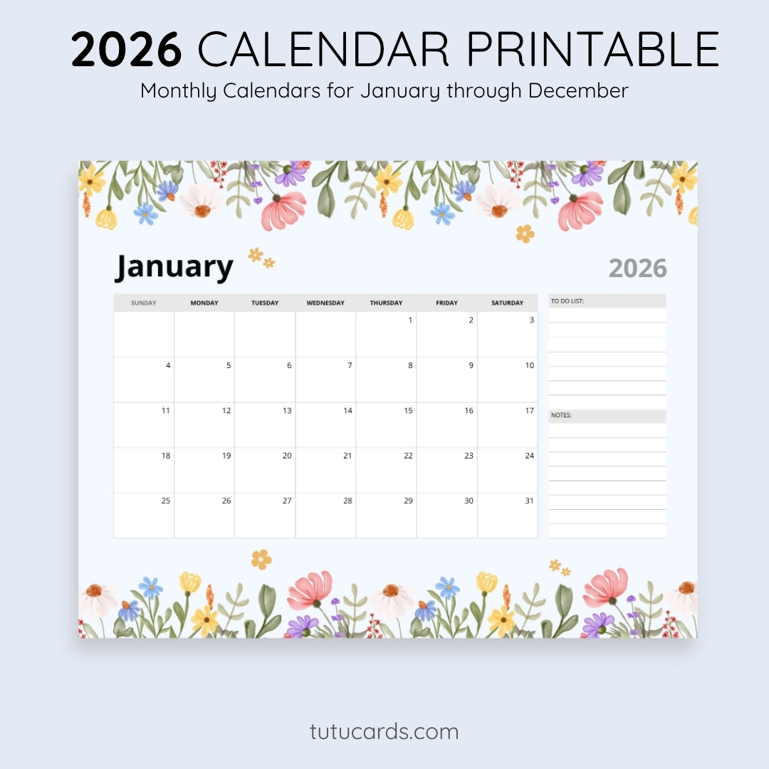 2026 Calendar Printable Download | Colorful Flowers Watercolor Floral ...