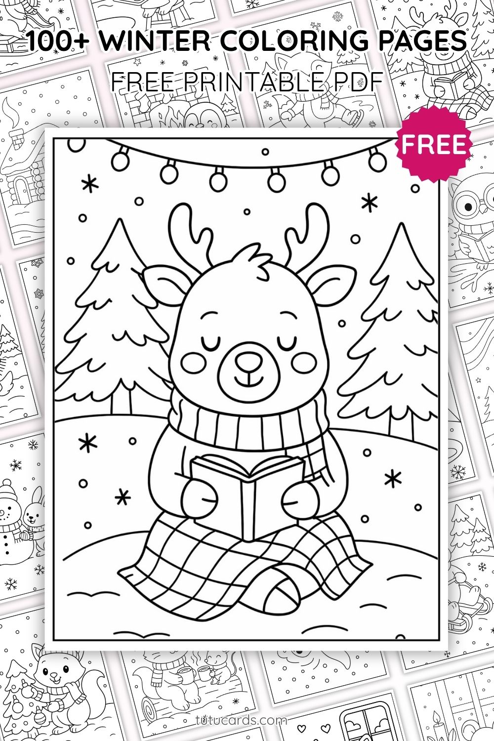 Winter Coloring Pages for Kids – Little Reindeer Reading in the Snow ...
