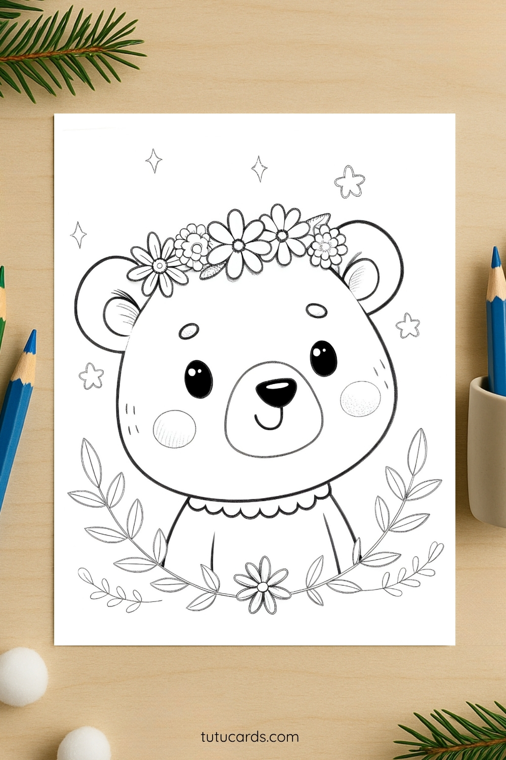 Cute Bear with Flower Crown Coloring Page for Kids | Printable Animal ...